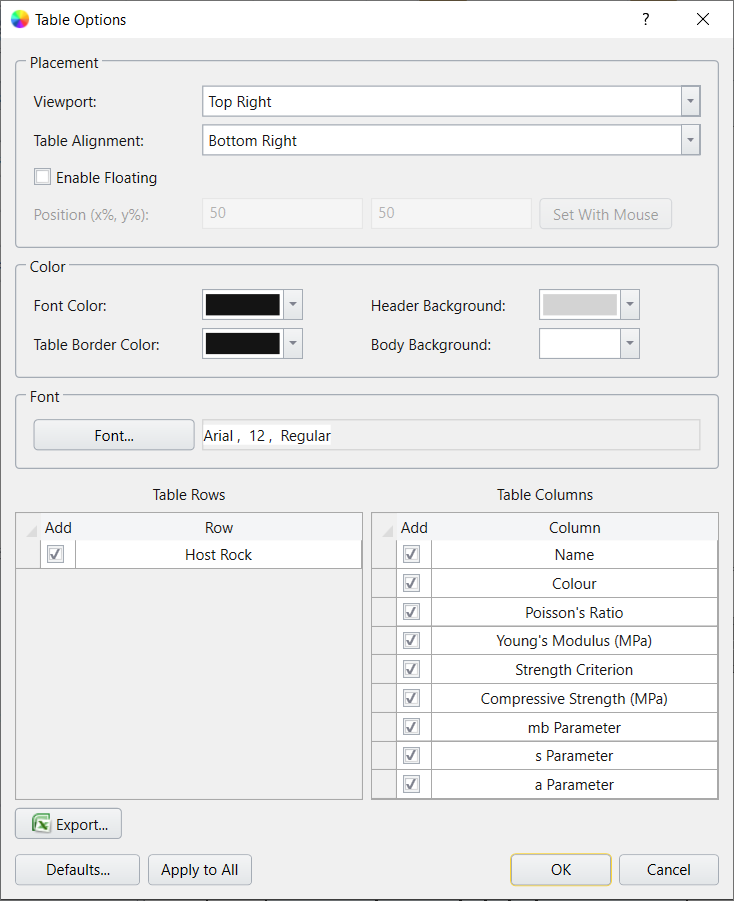 RocFall3 Documentation | Overlay Tables